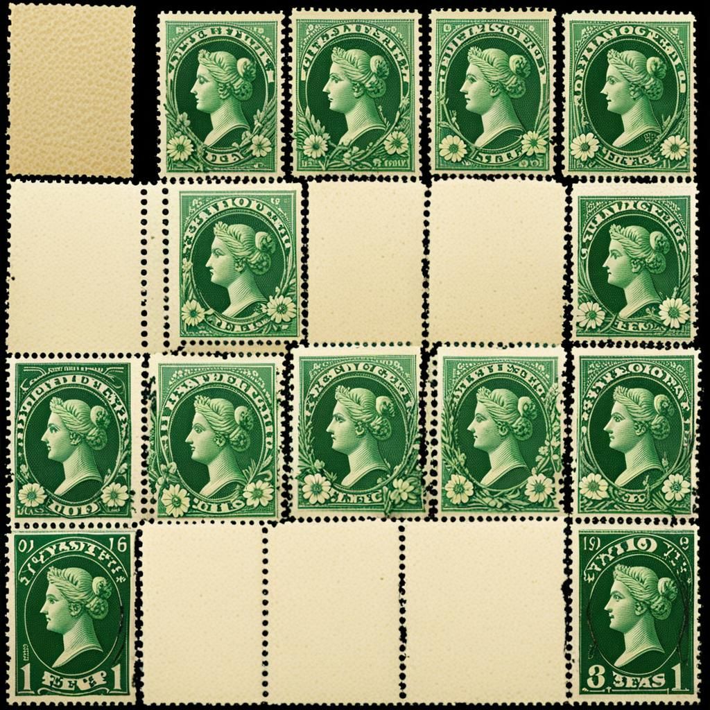 organized Vintage green colored antique postal stamps used postage ...
