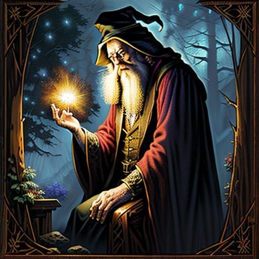 Whimsical Wizard Masterpiece in Woodcut Style - AI Art