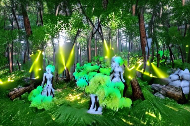 Luminous avatar forest glowing neon volumetric lighting sunshine rays ...