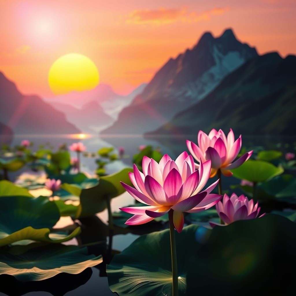 Dreamy Vaporwave Sunset with Indian Lotus Flowers - AI Art