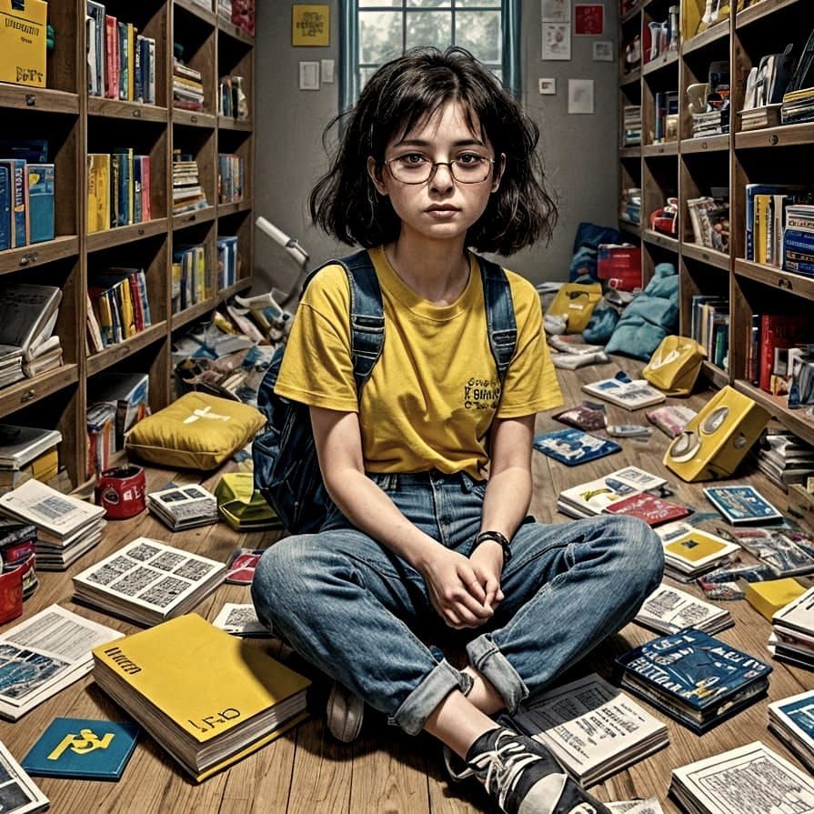 sloppy girl in messy library - Girl Adrift in a Desolate Aby...