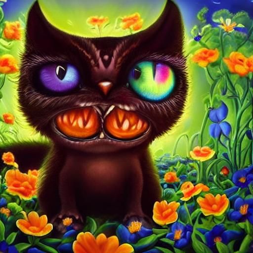 Close up of a cute monster cat with a tilted head in a field of flowers ...