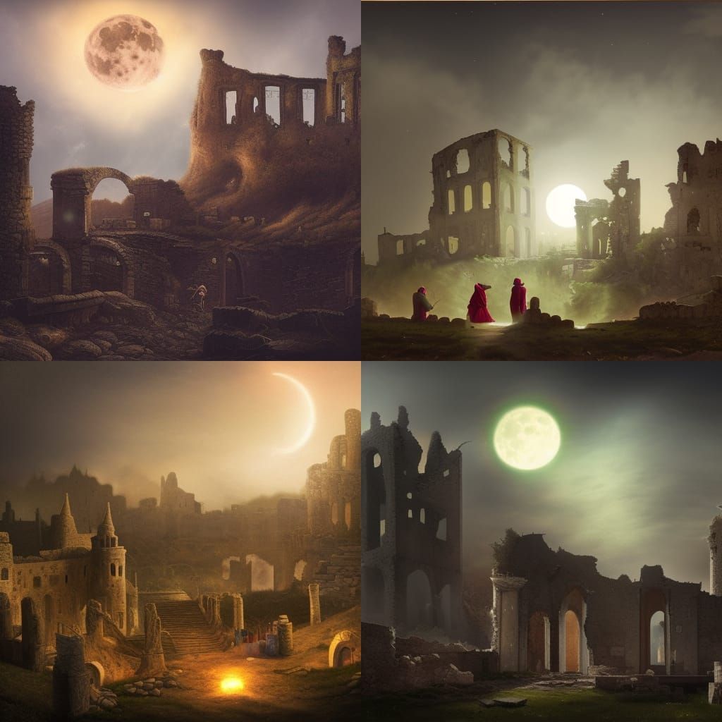 Robed people dig in the ruins of an old castle, orbs of solid light ...