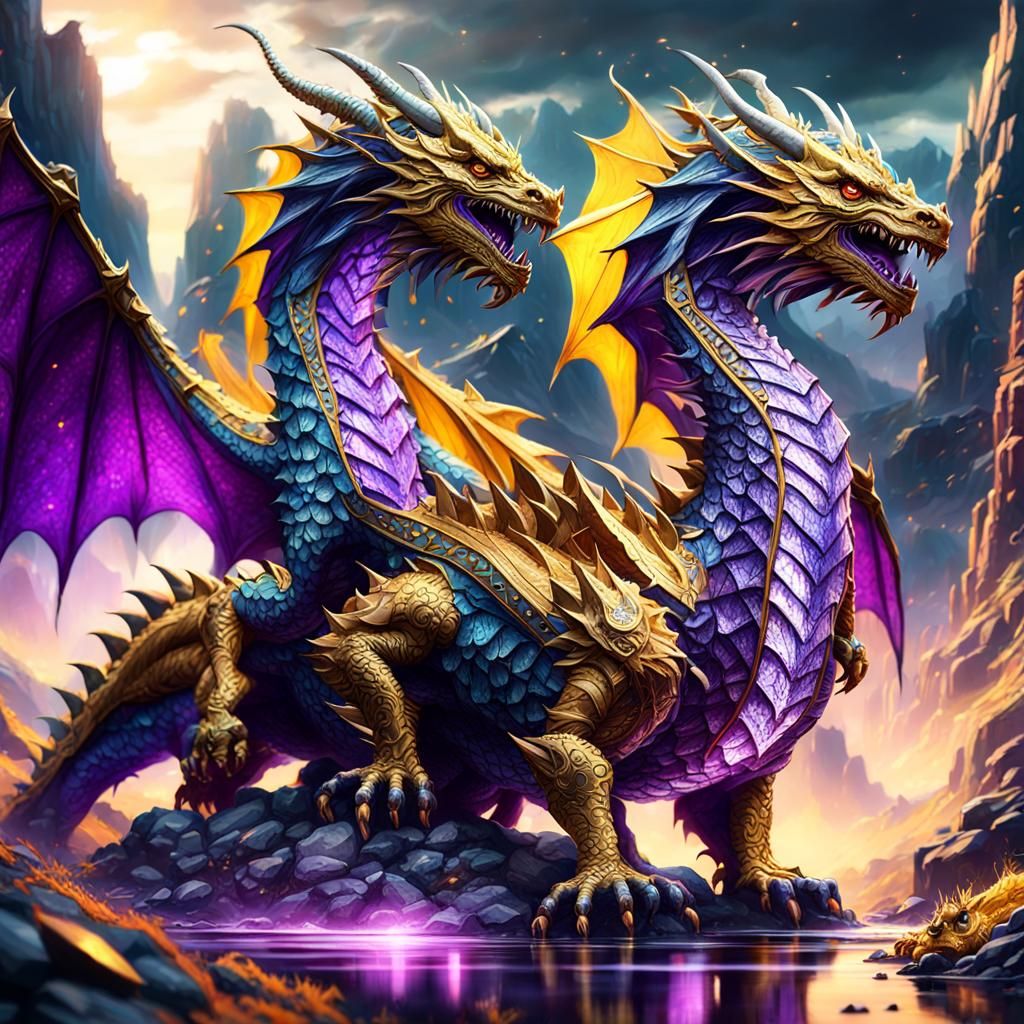 Two headed kolosso jewel covered Dragon roaming the valley a ...