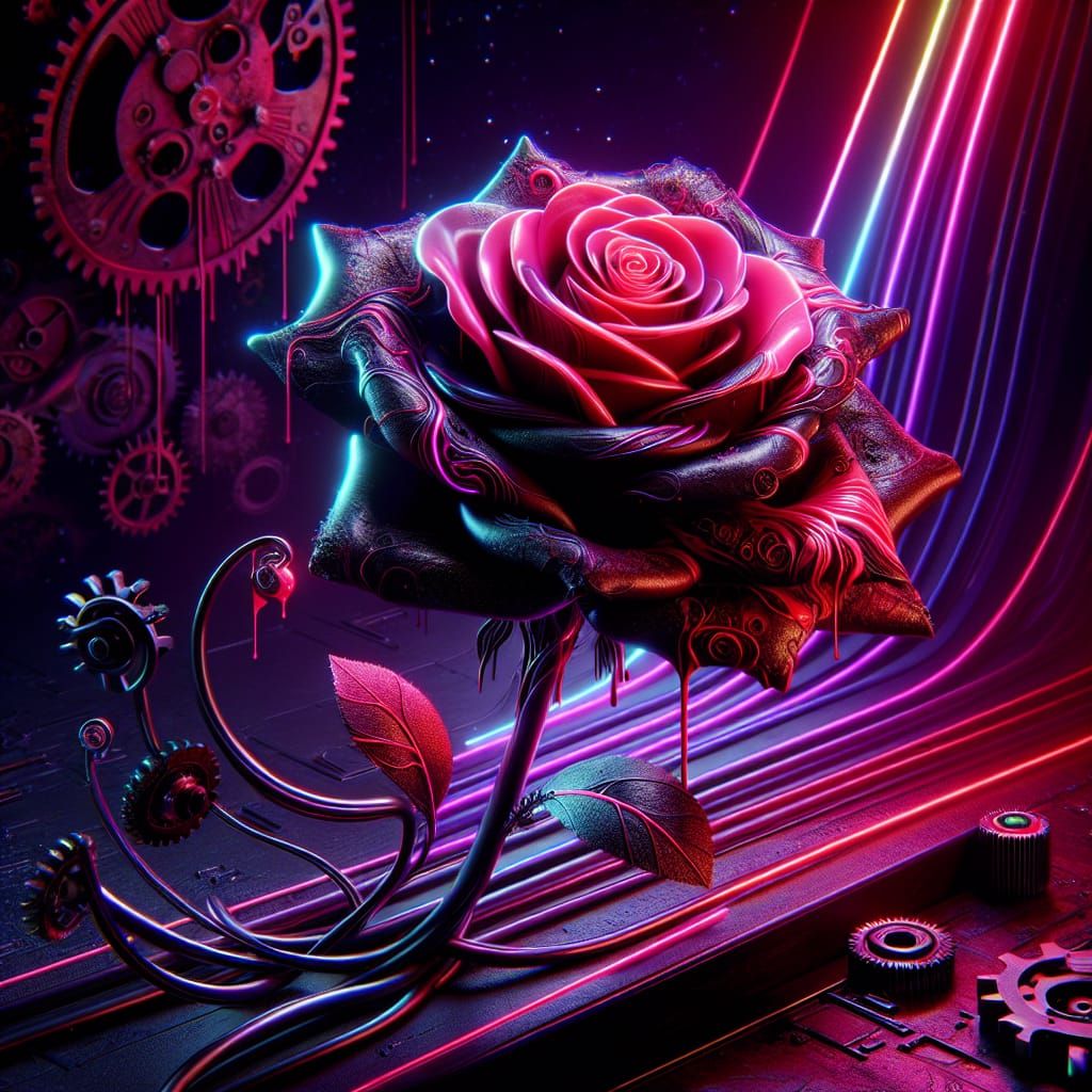 A Cybernetic Rose - Cybernetic Rose Blooms in Neon Splendor