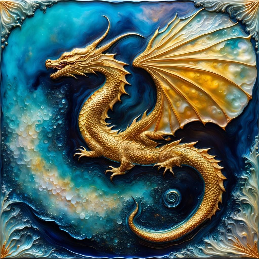Beautiful encaustic painting of a dragon landing in a lake, Alcohol ink ...