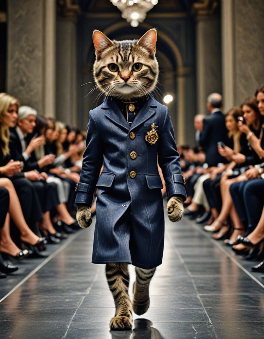 humanized and adorable cat, walking on runway, full body, wearing dior ...