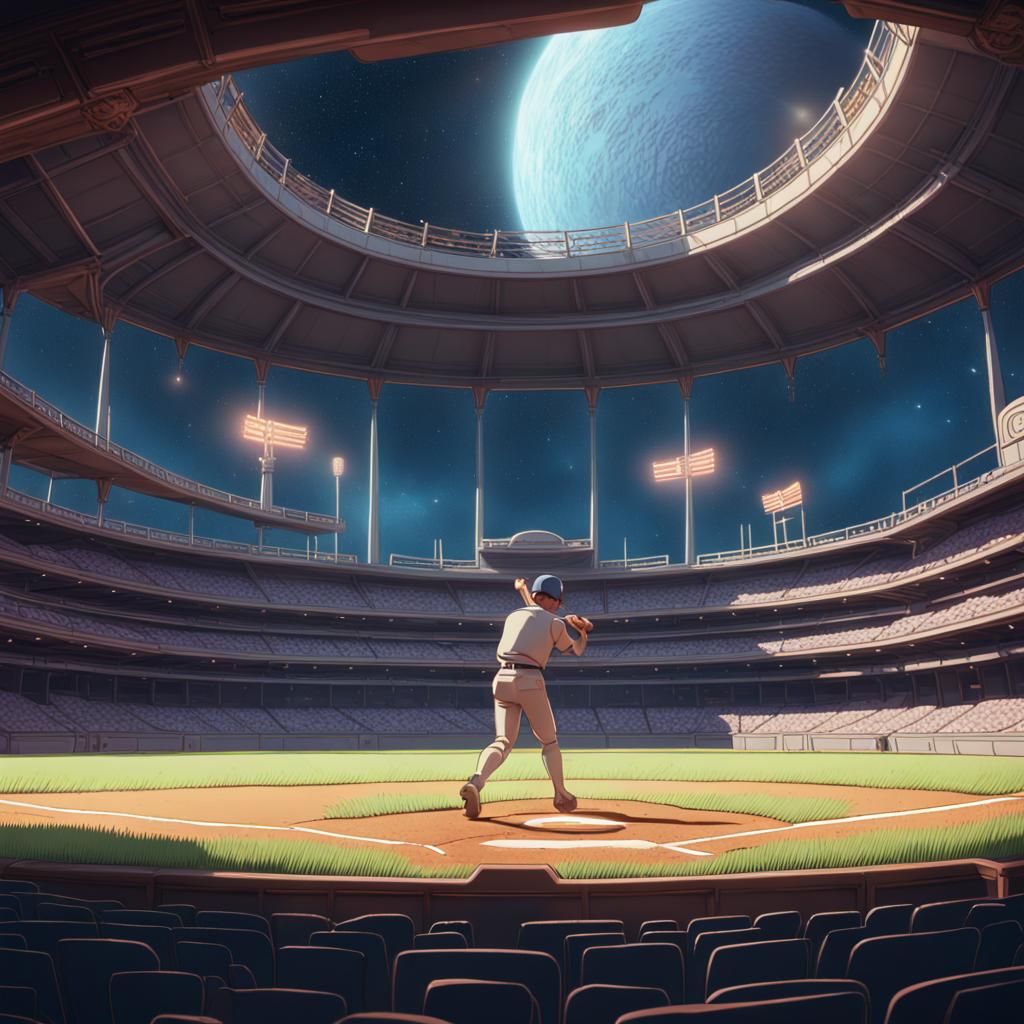 Vintage style intergalactic baseball stadium with a man hitting a ...