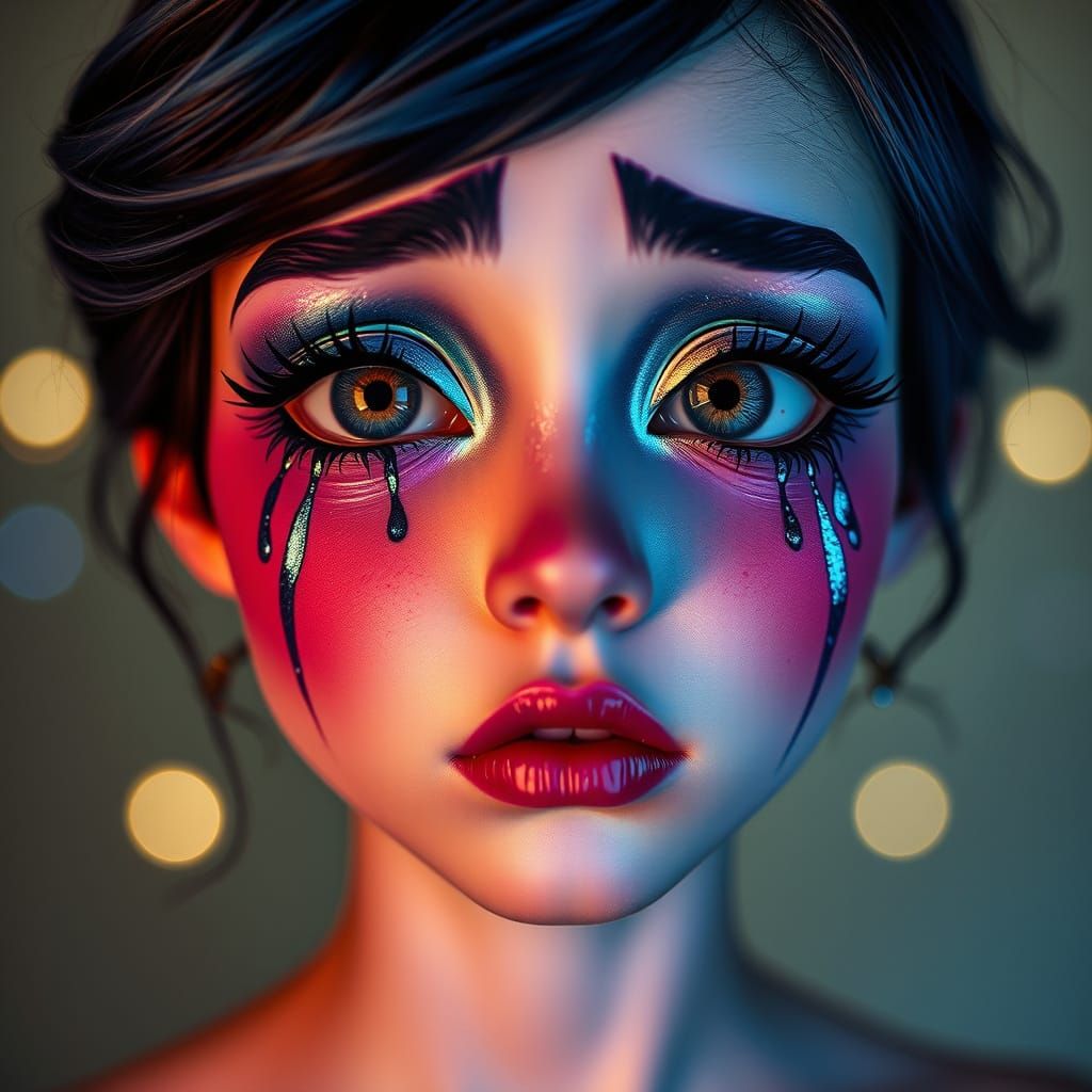 Surreal Sadness Portrait in Vibrant Makeup with Dr... - AI Art