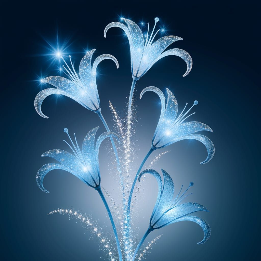 Translucent, luminous blue lily flowers on a dark blue background