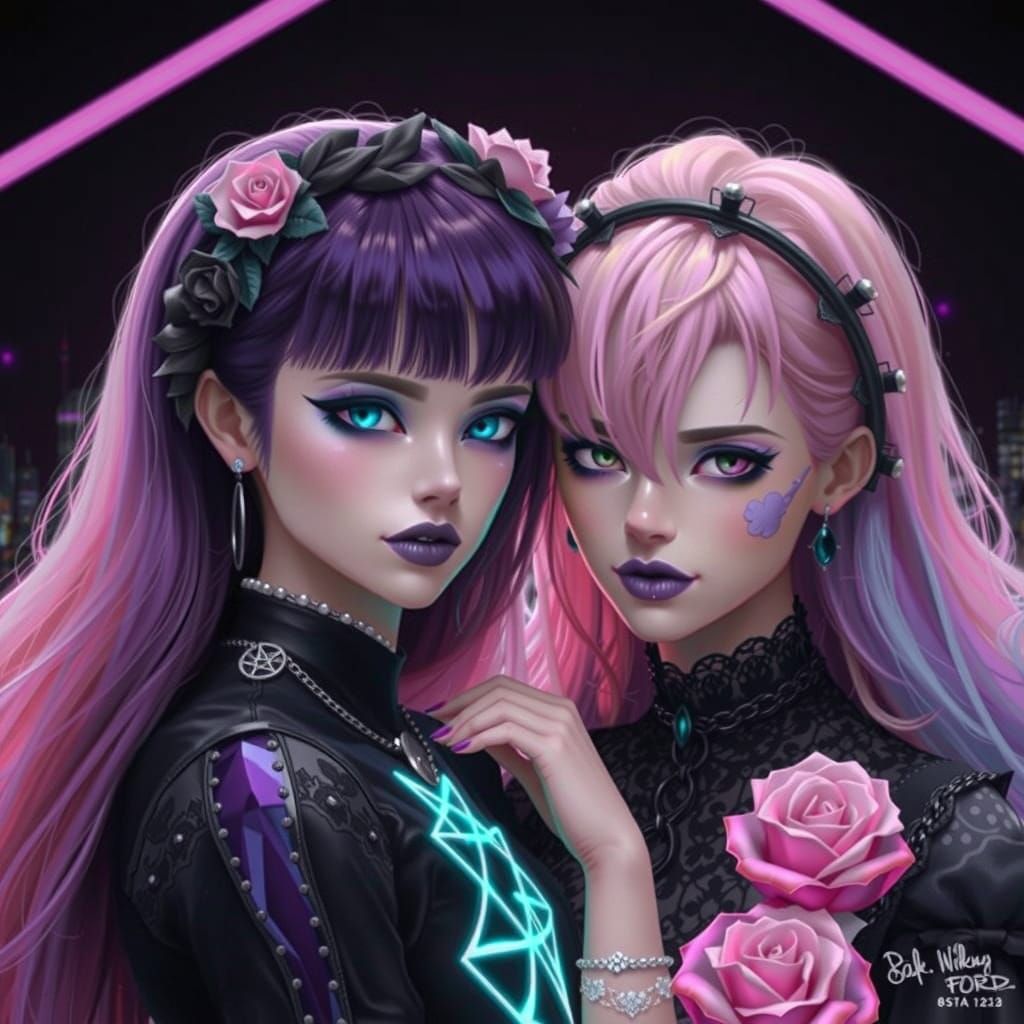 Goth Witch Meets Pastel Angel in Neon Retro Dreams... - AI Art