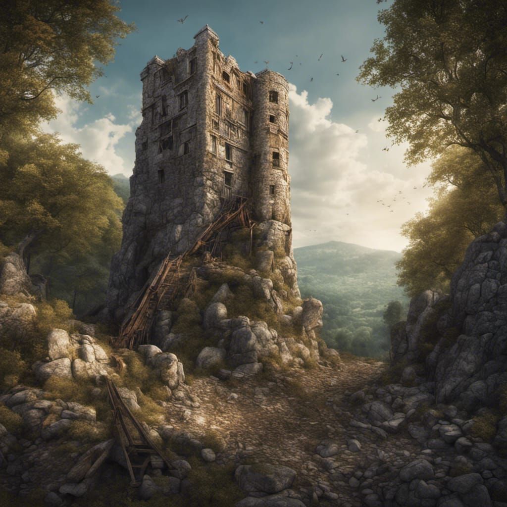 In a wooded vale a building site for a stone watchtower, HDR ...