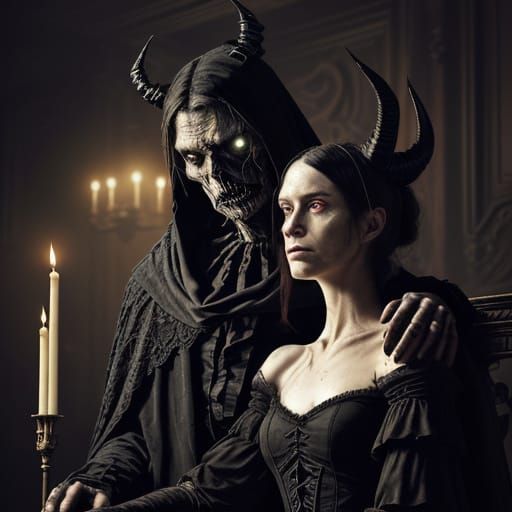 The Companion - Dark Demon Looms Behind Seated Woman in Goth...