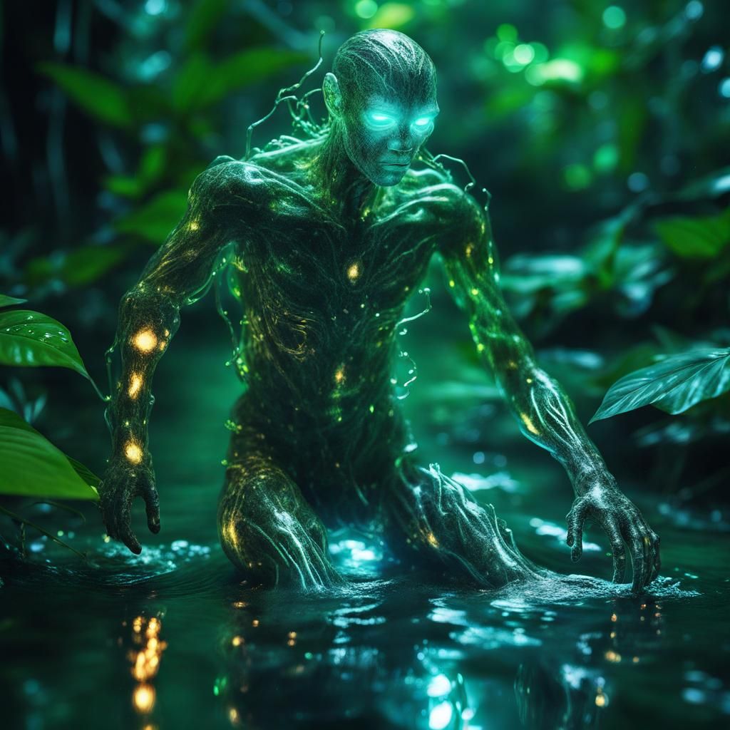humanoid otherworldly translucent jungle river,... - AI Generated ...
