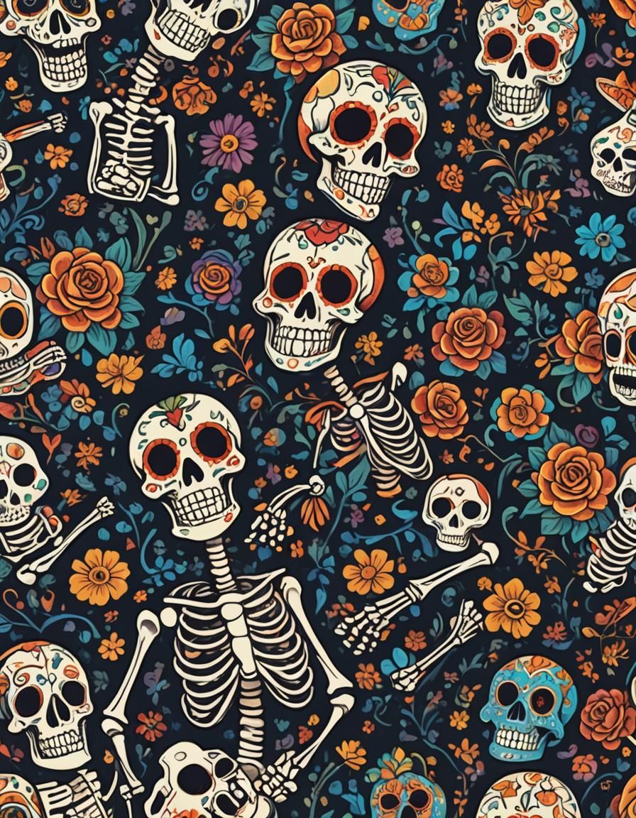 folk skeleton dark colorful dia de los muertos traditional mexican tile ...