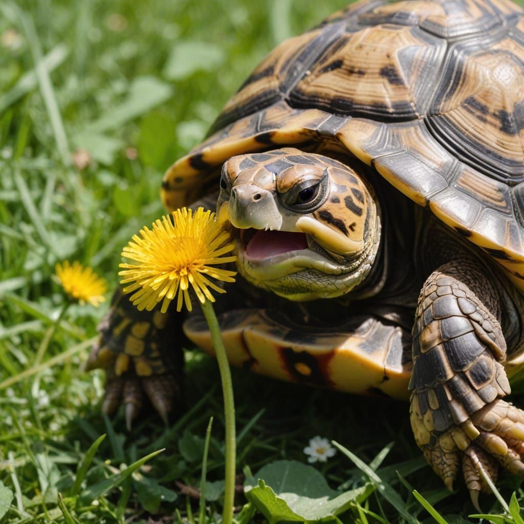 Russian Tortoise Bites Dandelion in the Garden - AI Art