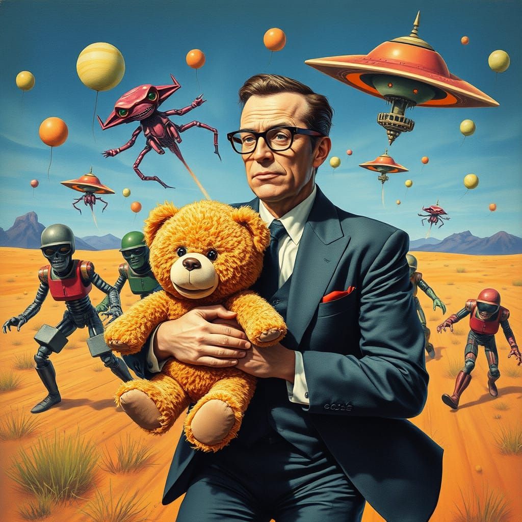 Man in Suit Chased by Robots and Aliens in Vibrant... - AI Art