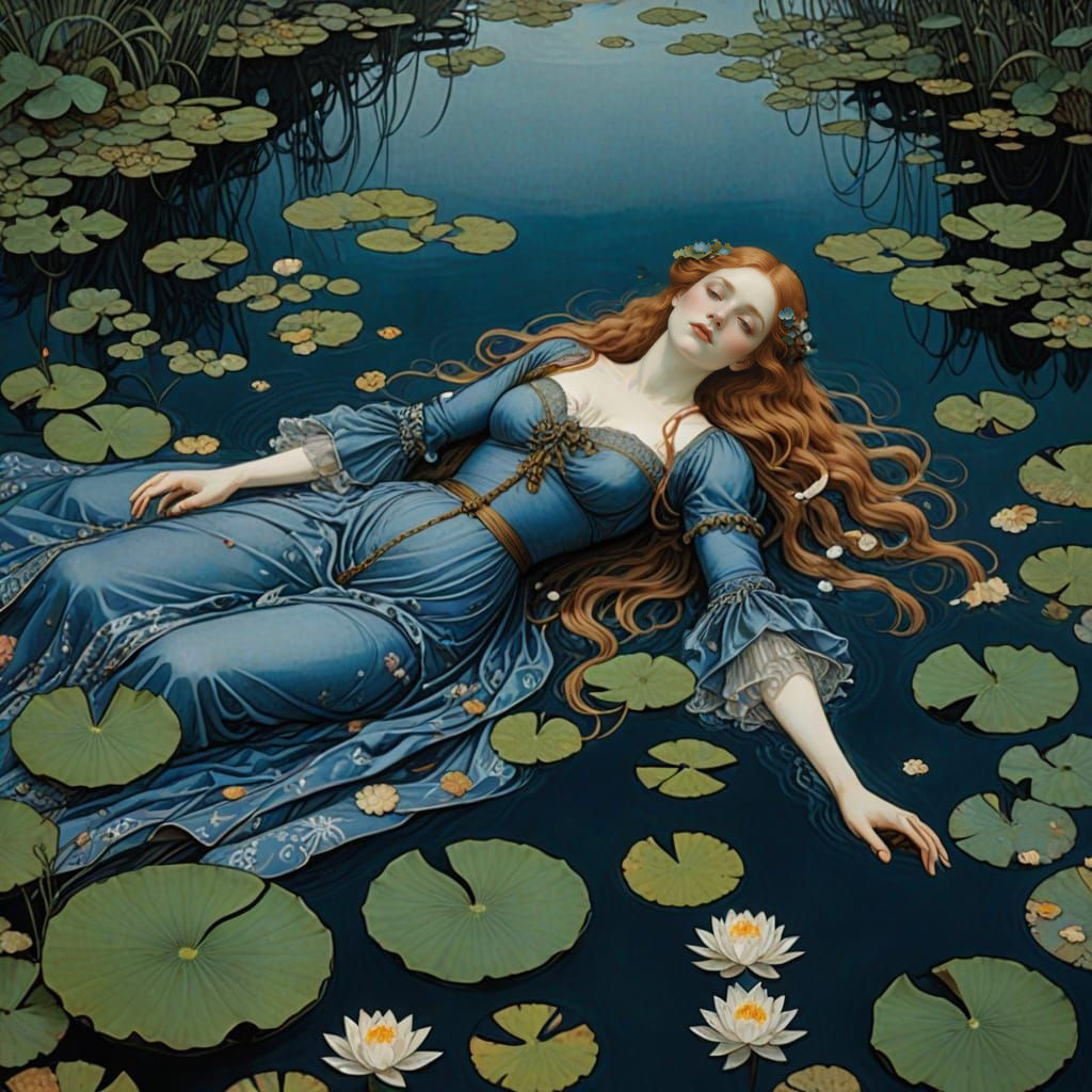 Ophelia in Lake Mist, Pre-Raphaelite Style - AI Art