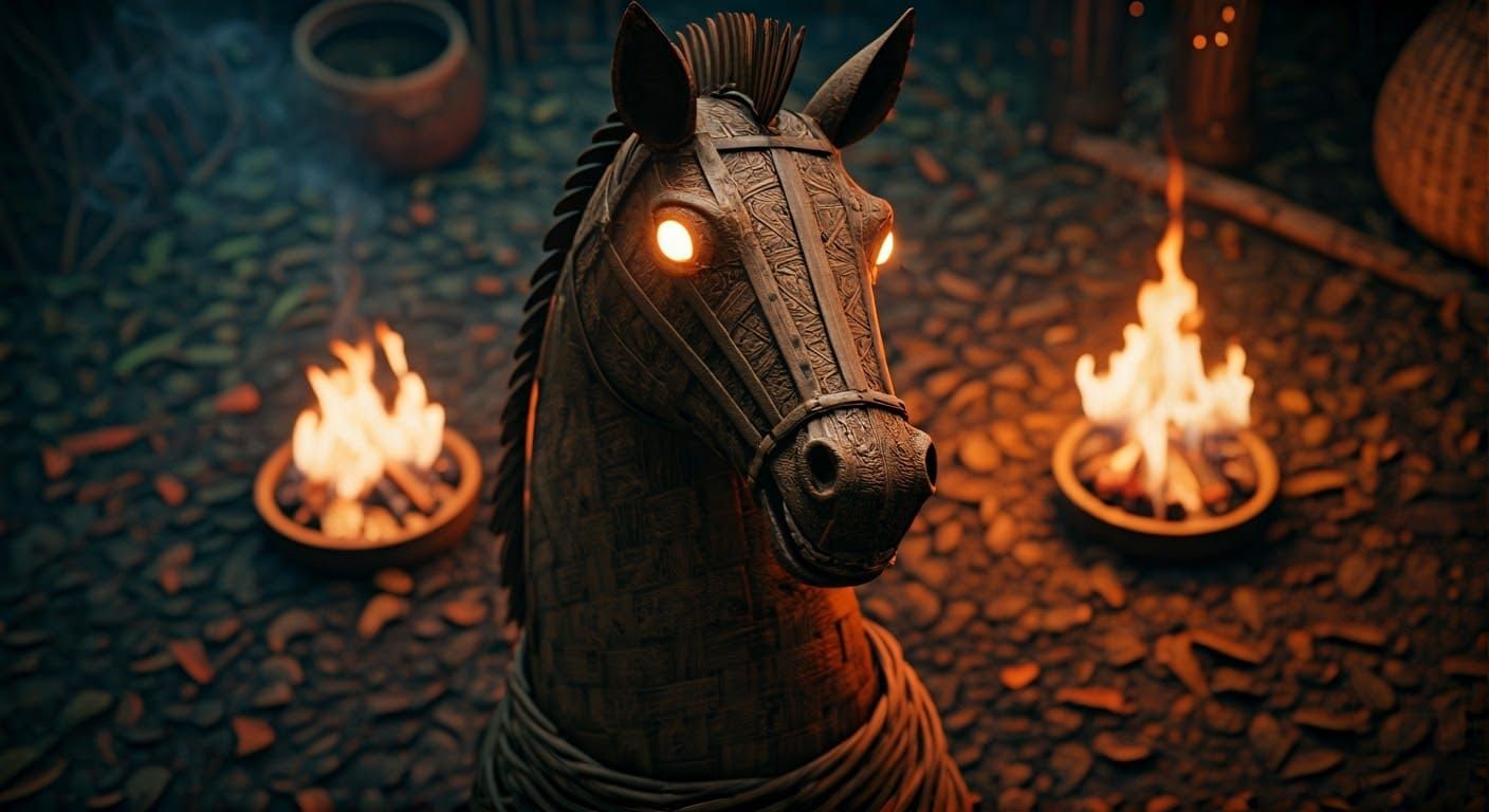 Sacred Bamboo Horse Head in Ancient Temple Setting - AI Art