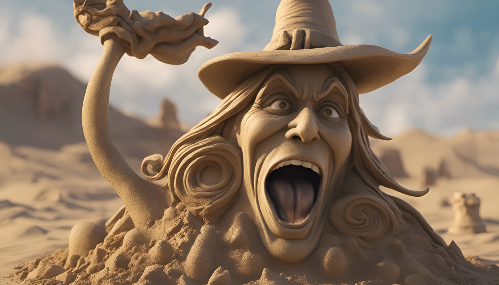 Sand sculpture wacky witch (a Sand-witch) holding a sandwich made out ...