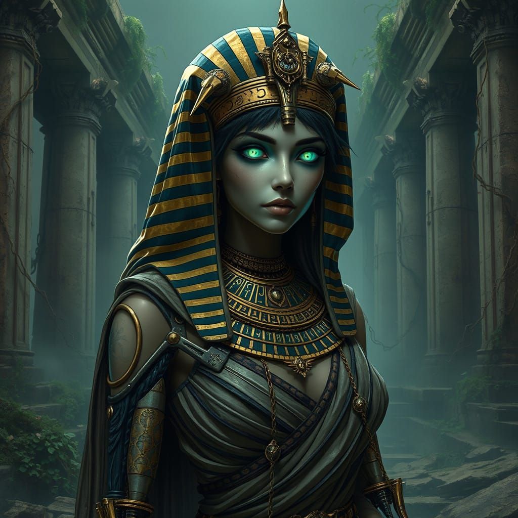 Surreal Pharaoh Goddess with Clockwork Limbs in Da... - AI Art