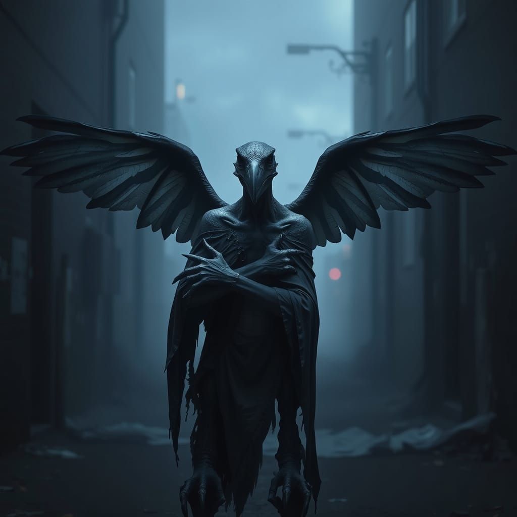 Ethereal Avian Human Hybrid Reveals Dark Urban Mys... - AI Art
