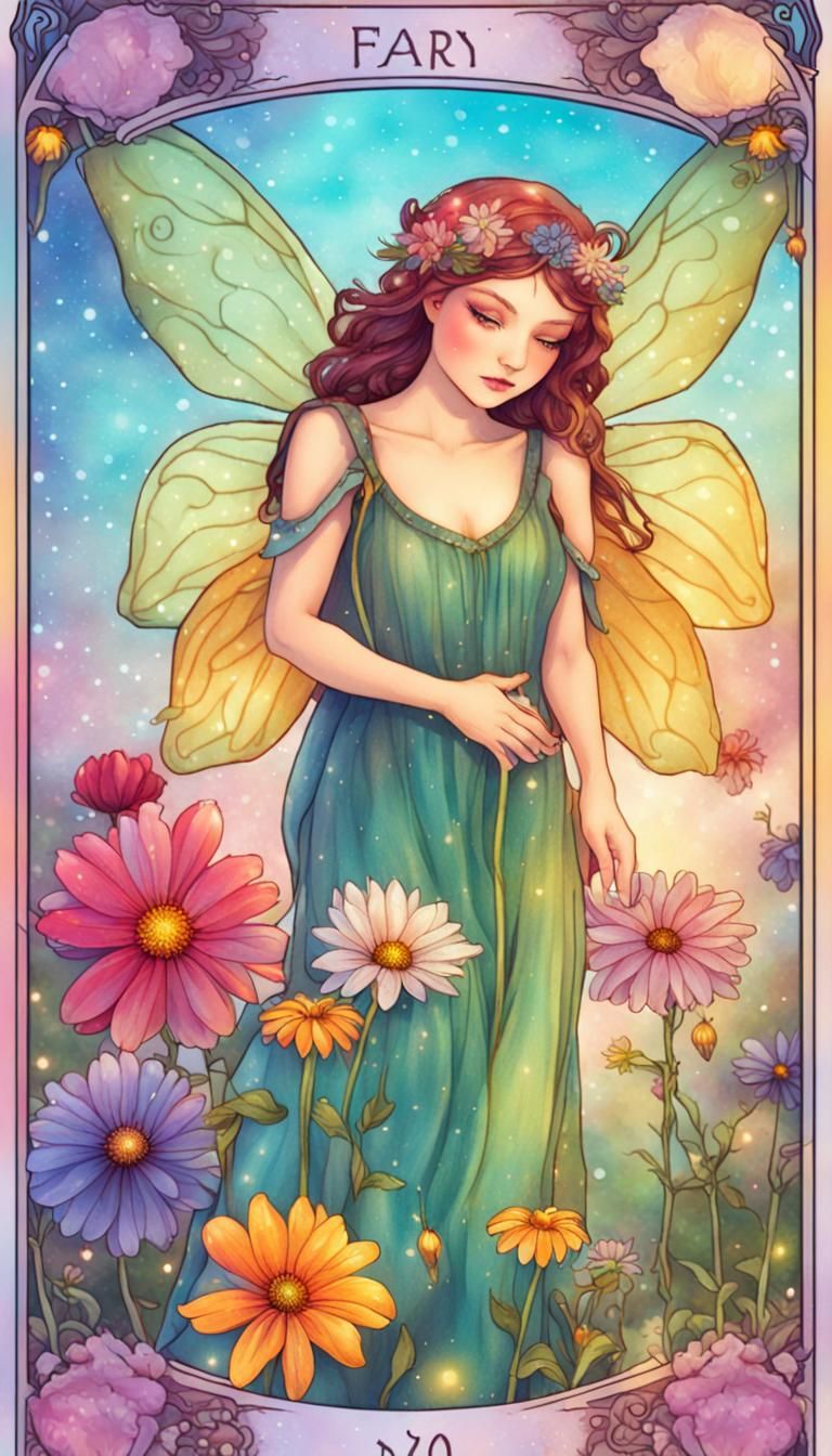 Brightly colored Fairy tarot card with Iridescent bokeh and flowers ...