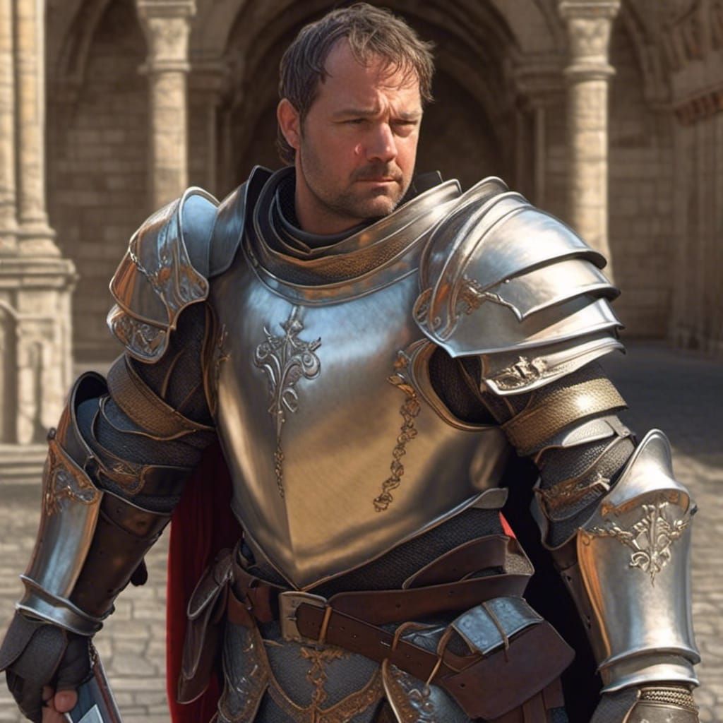 male paladin, plate armor, medieval city street, head and shoulders ...