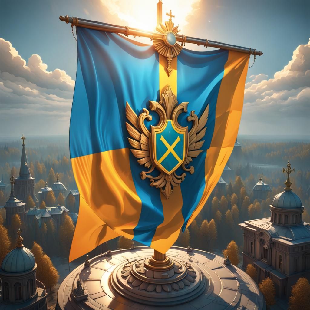 Large Isometric Ukrainian Flag glorified and epic, bright beams of ...