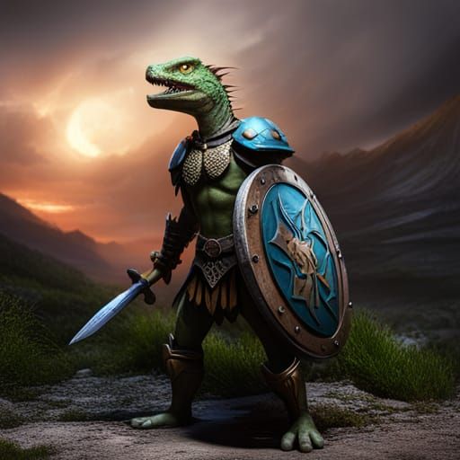 slender warrior lizardman wielding warhammer and shield - AI Generated Artwork - NightCafe Creator