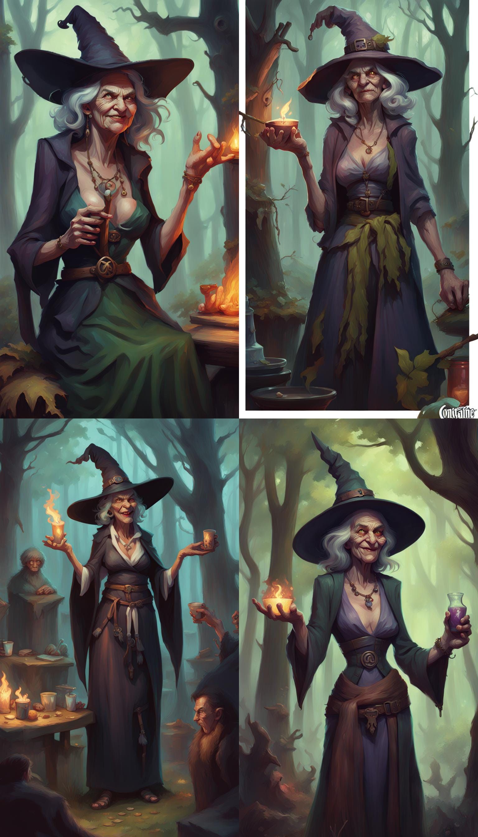 old hag at a party, forest witch, stylized, constantine, wizards of the ...