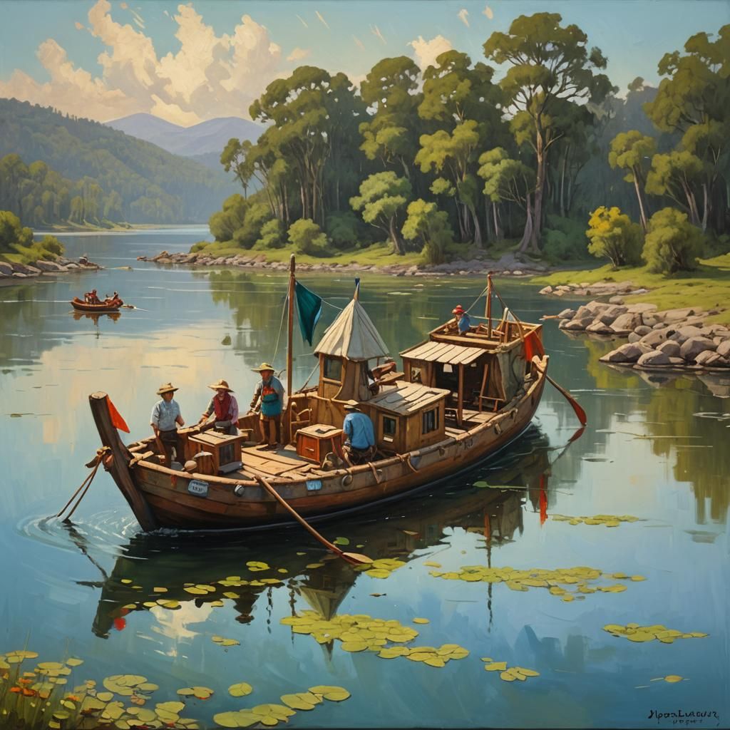 Whimsical raft boat - AI Generated Artwork - NightCafe Creator