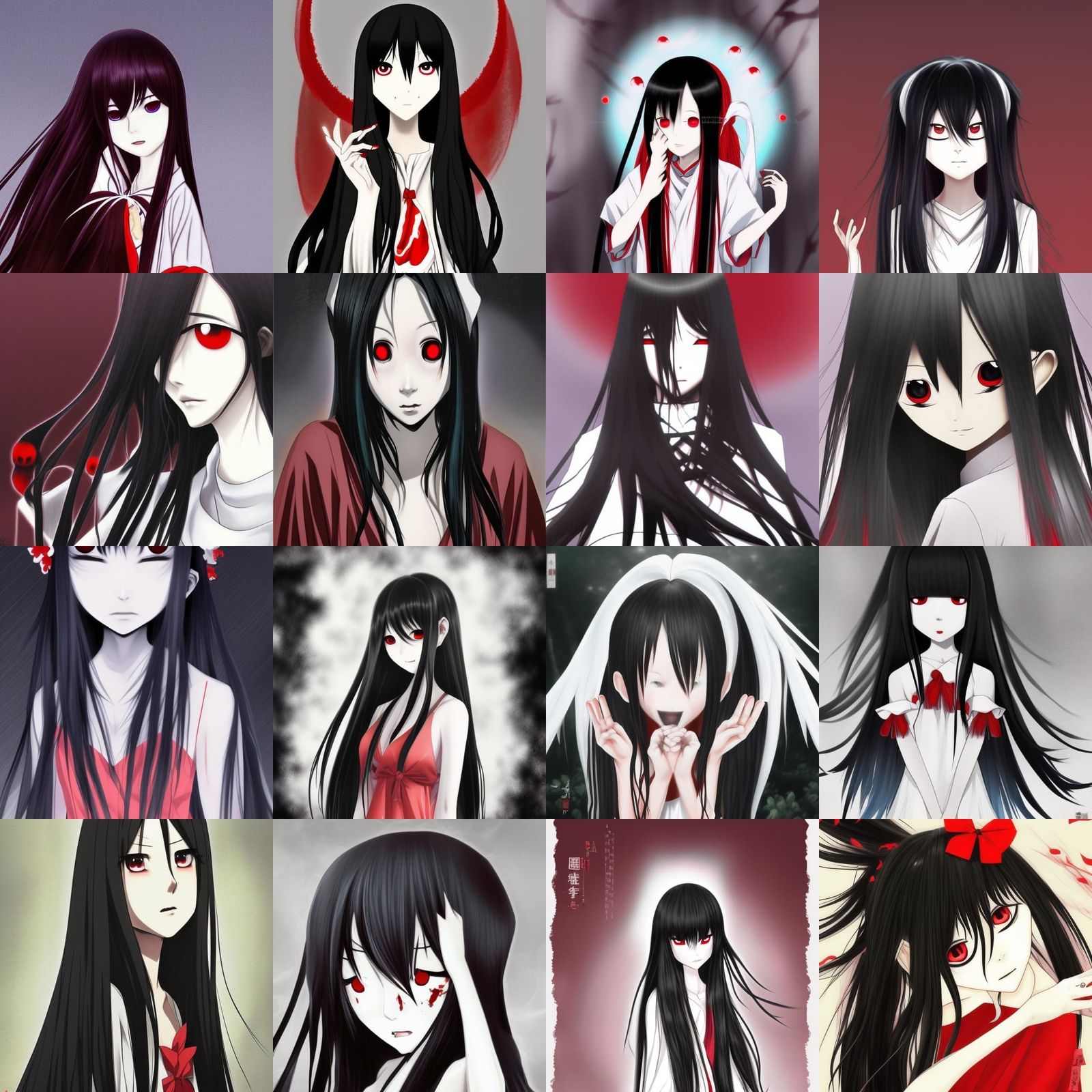a sadako with evil red eyes and with a white dress.. Hair that is very ...
