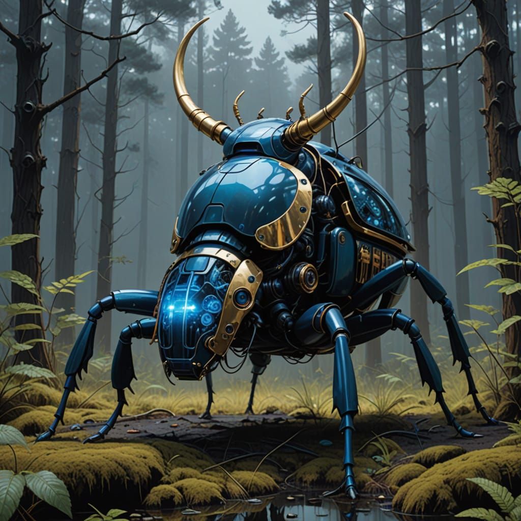 Cybernetic Stag Beetle Emerges from Futuristic Fog - AI Art