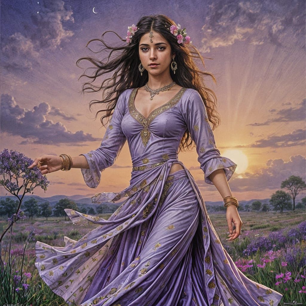 Ethereal Indian Woman in Vibrant Pastel Landscape
