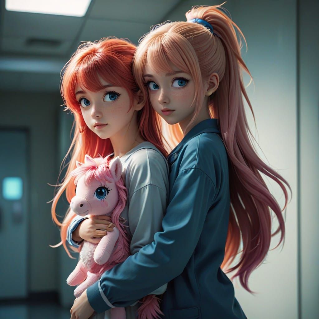 girls - Whimsical Girl with Red-Haired Pony in Hospital Corr...