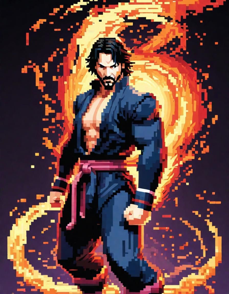 A full body portrait of Keanu Reeves as a 2D Street Fighter character ...
