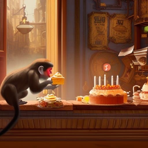 A monkey eating cake in a bakery - AI Generated Artwork - NightCafe Creator