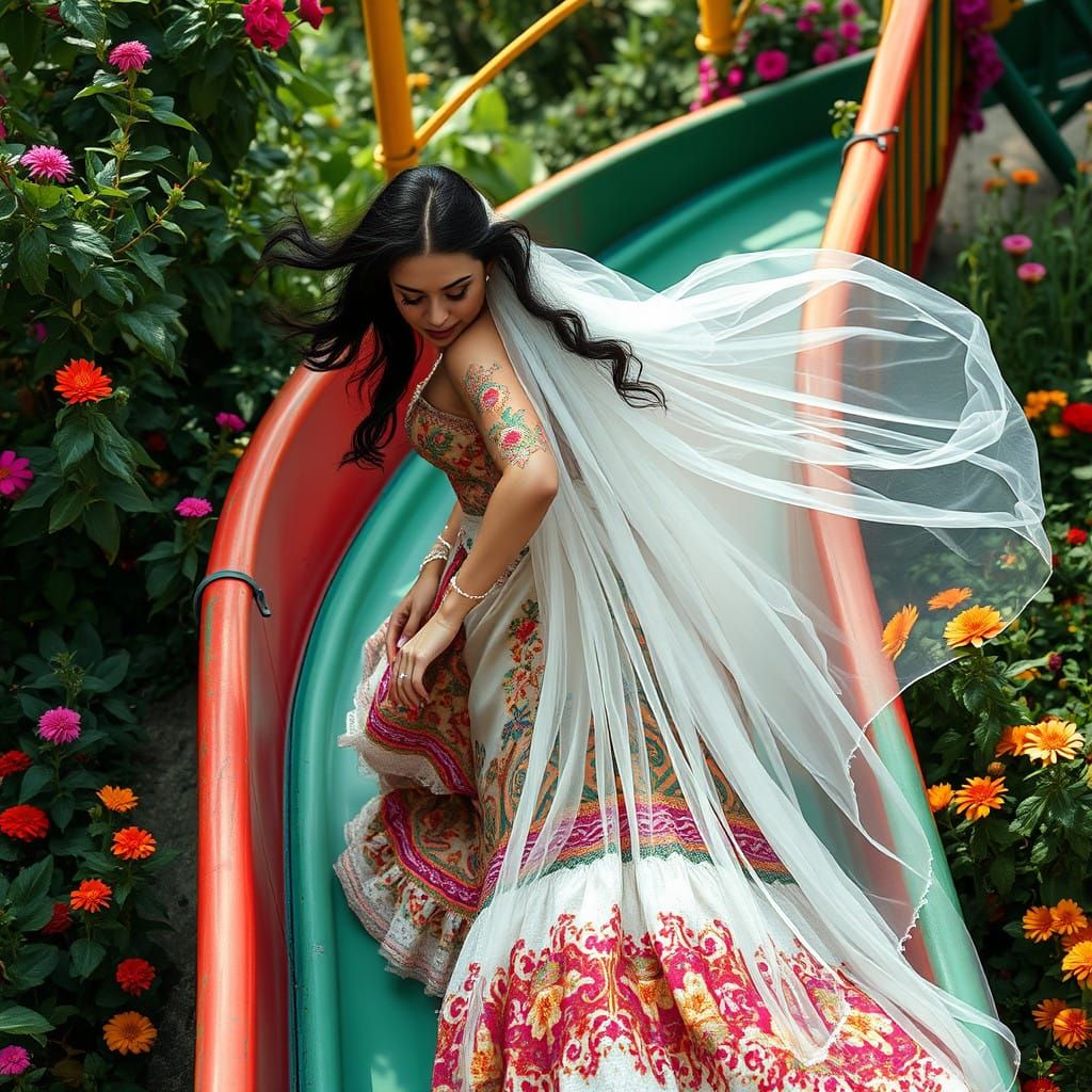 Vibrant Gypsy Bride Descends a Whimsical Slide in ... - AI Art
