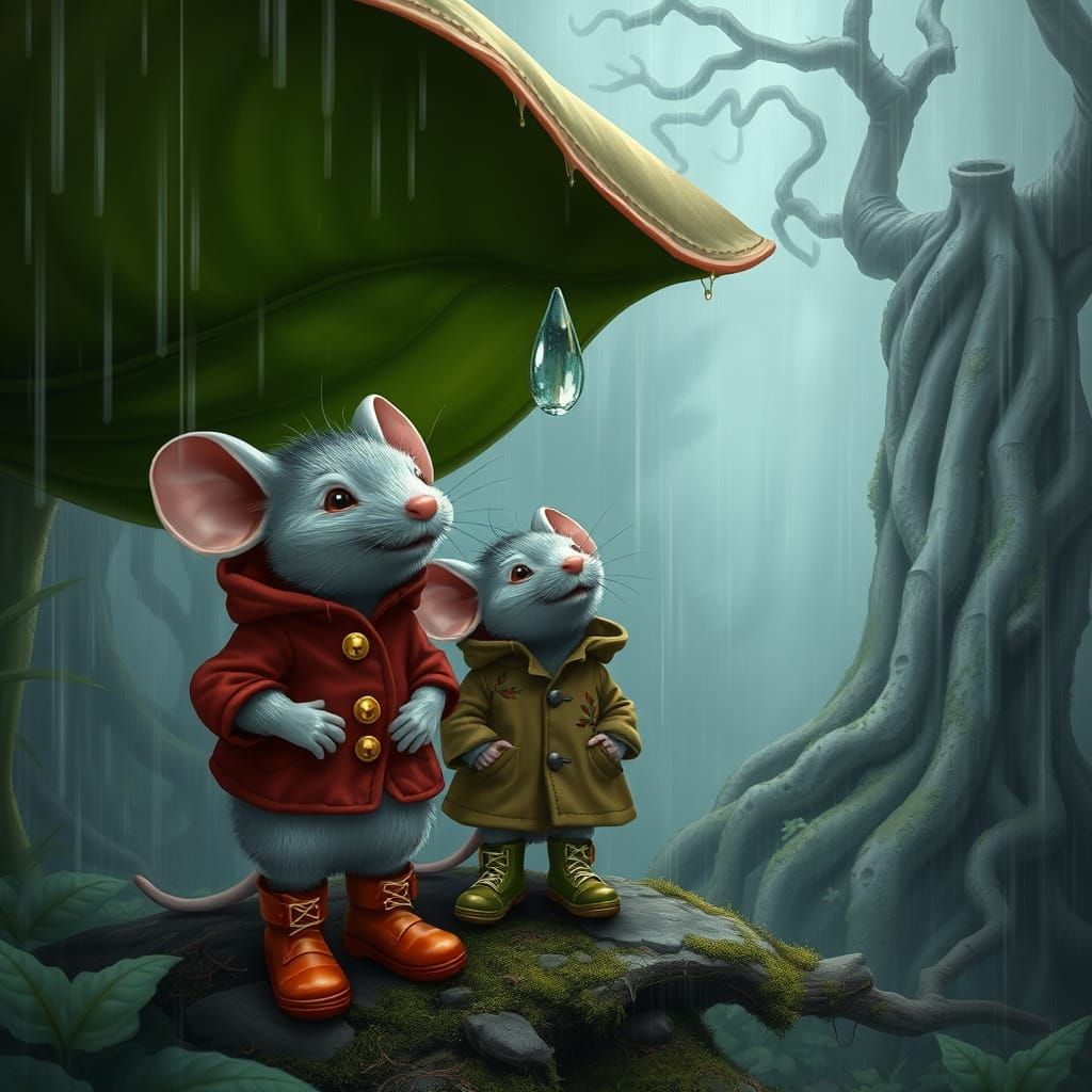Mice Seek Shelter in Enchanted Leaf - AI Art
