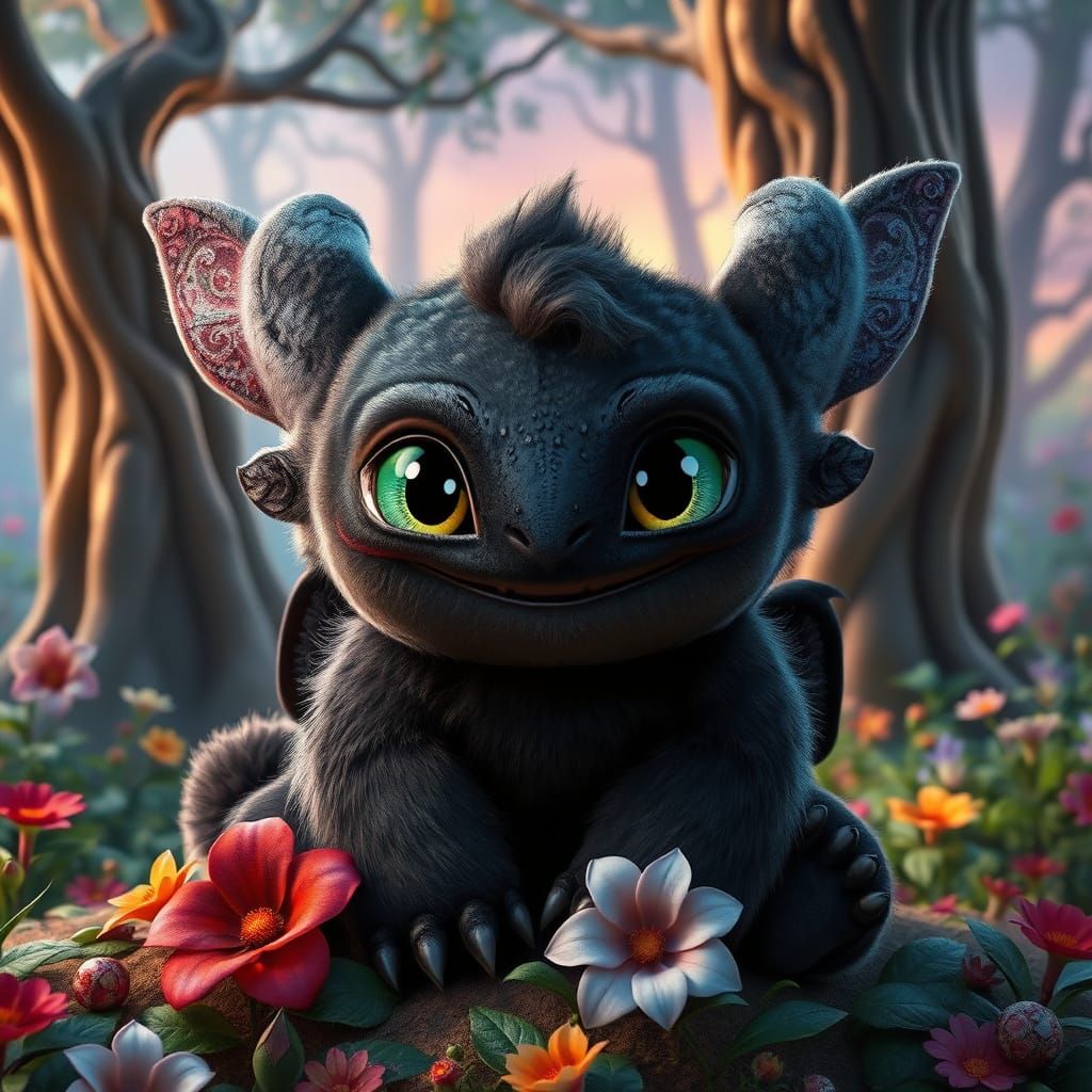 Toothless - Dreamy Dragon Cub in Whimsical Forest