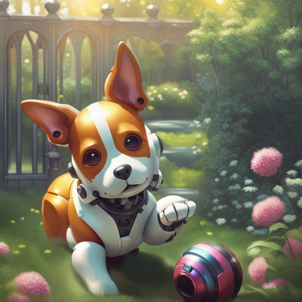 Robot dog playing with a ball - AI Generated Artwork - NightCafe Creator