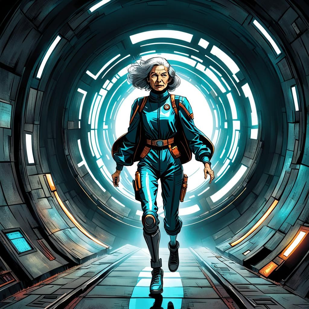 Time warp , young compared to old, futuristic suit for jumping through ...