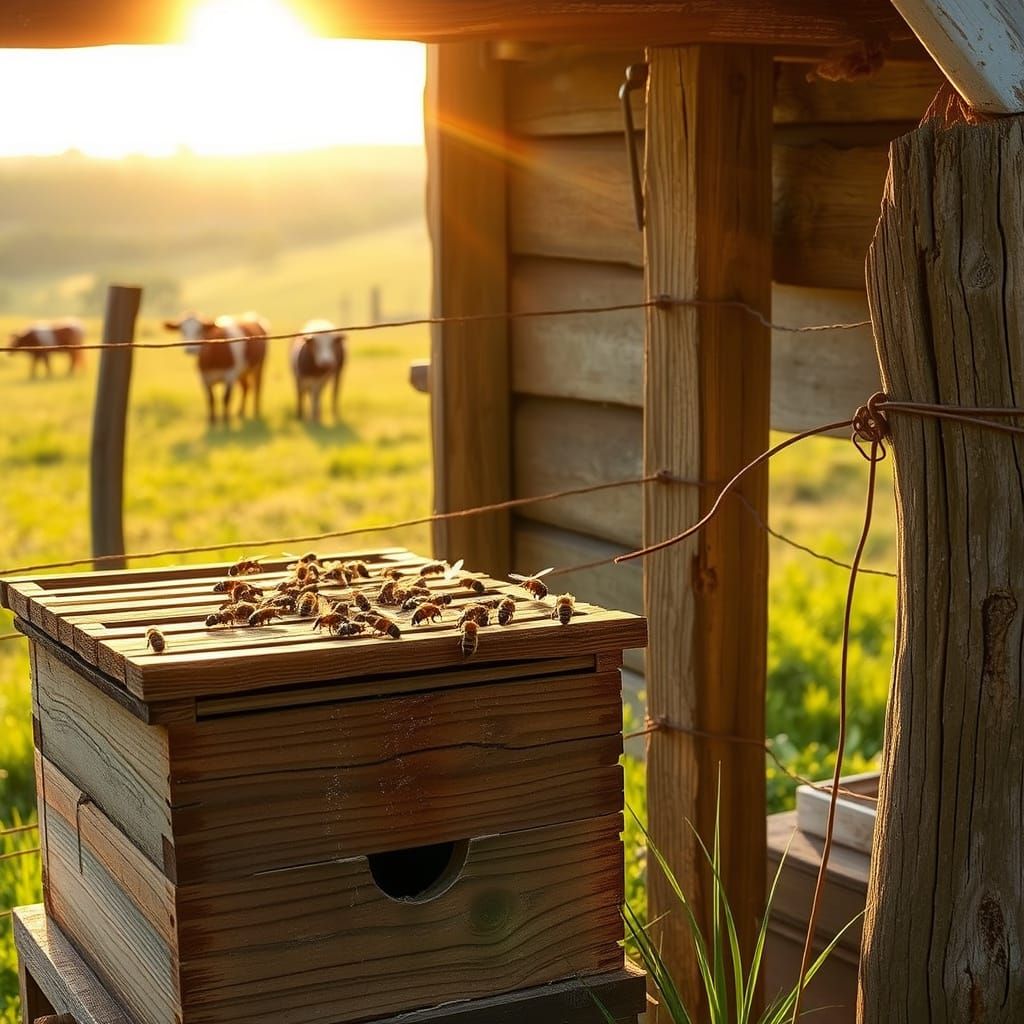 Old Bee Hive Farm. - Rustic Summer Beehive Scene in a Vintag...