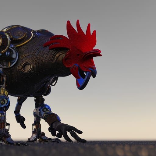 rooster intricate mech details, ground level shot, 8K resolution ...