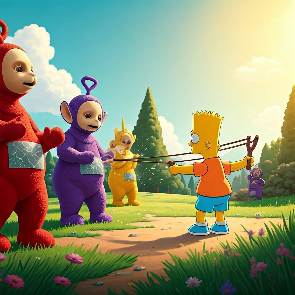 Bart Simpson Battles Colorful Teletubbies in Whims... - AI Art