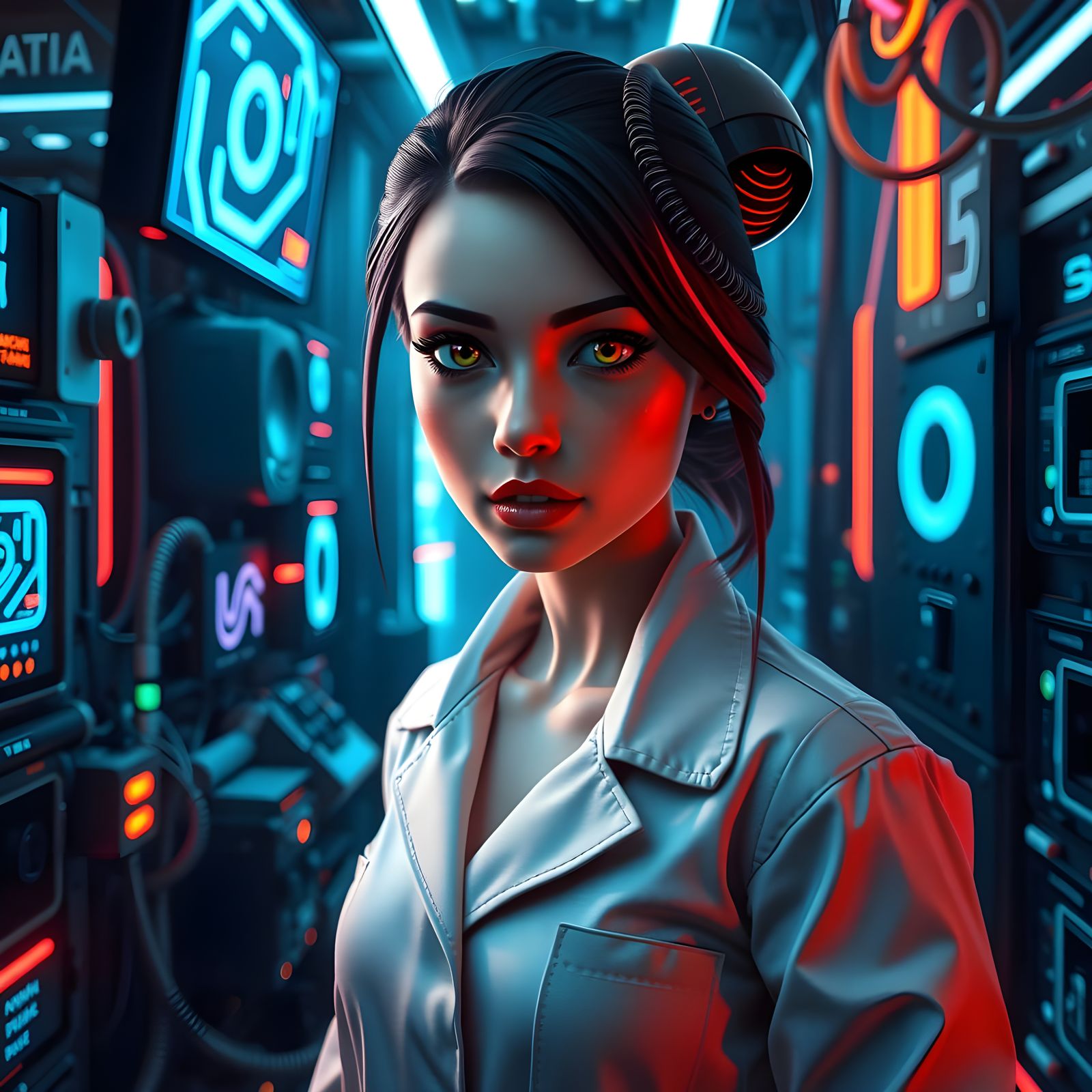 Futuristic Lab Coat Damsel in Robotic Daze - AI Art