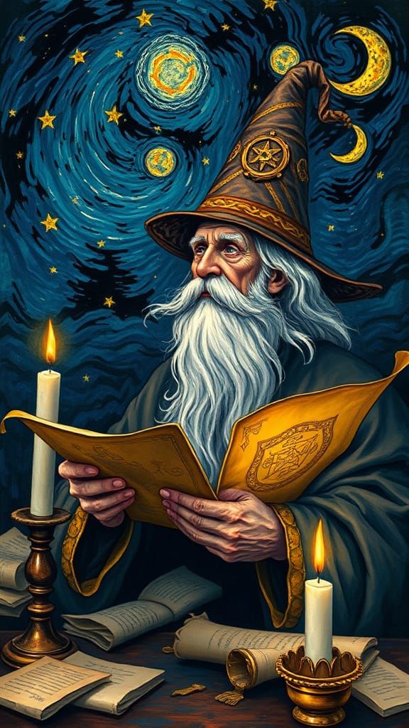 Wise old wizard wearing a wizard hat with stars studying ancient scrolls looking at the stars ...