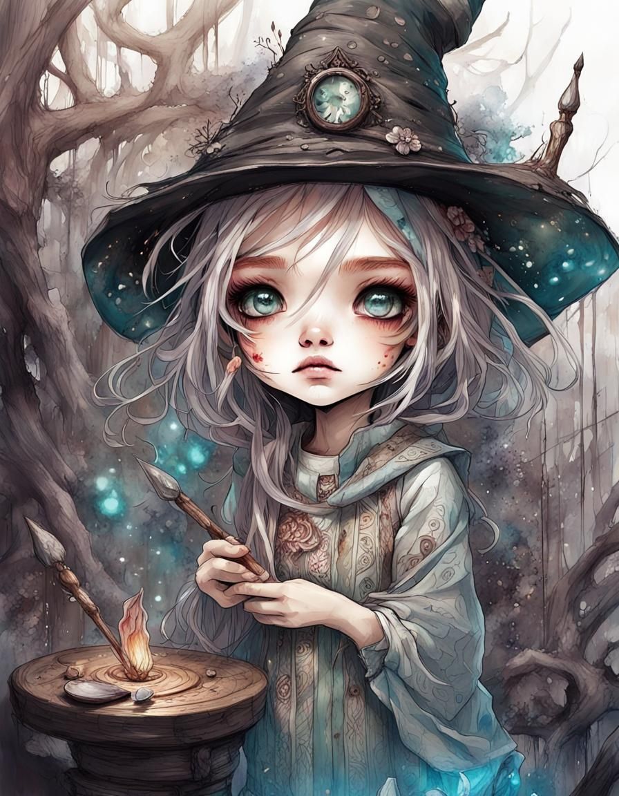 Beautiful chibi witch girl, witch cottage, extremely detailed and ...