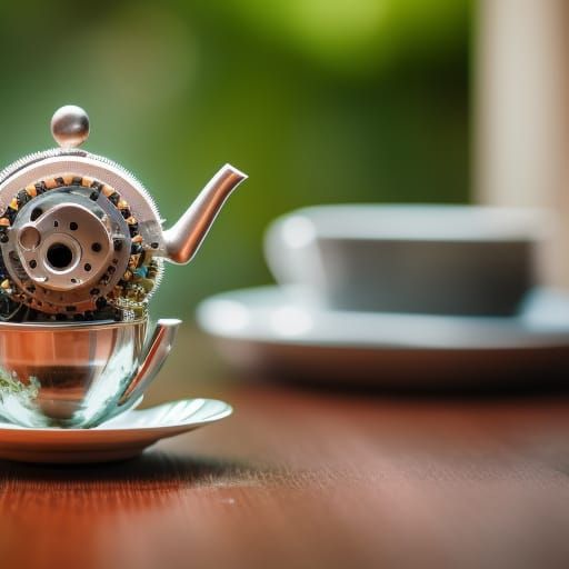 Photo of an elaborate robotic teacup, with cogs and wires, and a ...